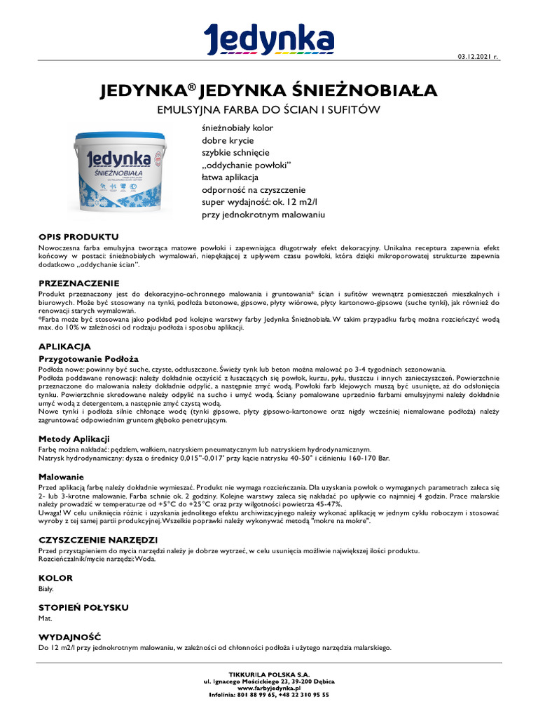 Jedynka Snieznobiala Karta Produktu | PDF