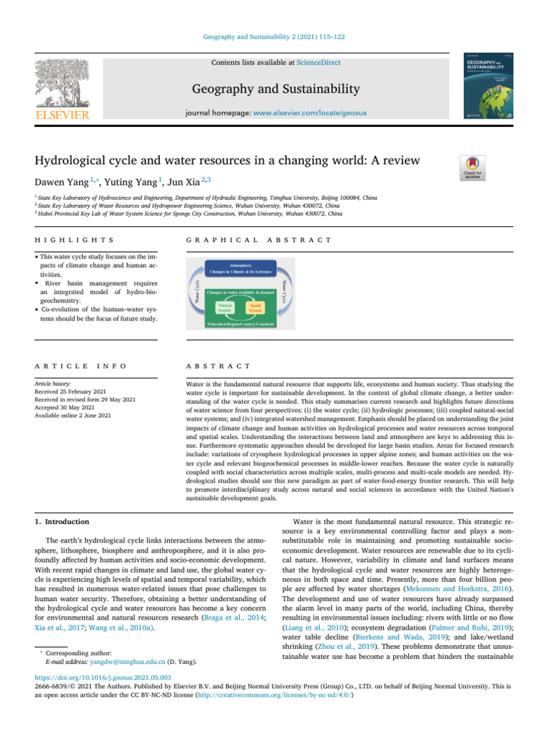 Hydrological Cycle and Water Resources in A Changing World | Download ...
