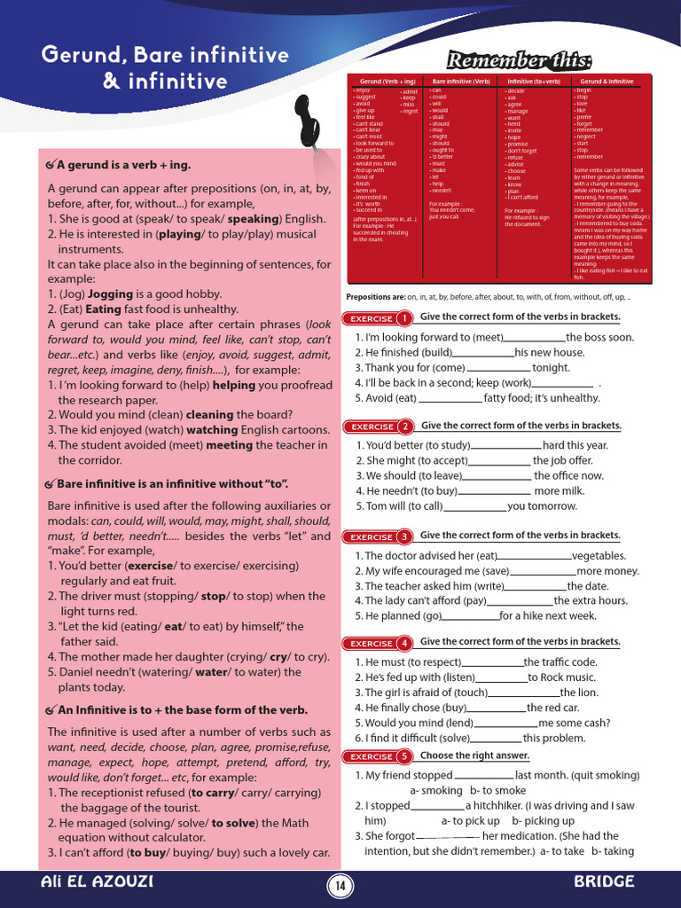 Quiz Quiz Exercises 3 Gerund Bare Infinitive and Infinitive2bac | PDF | Semantic Units | Syntax
