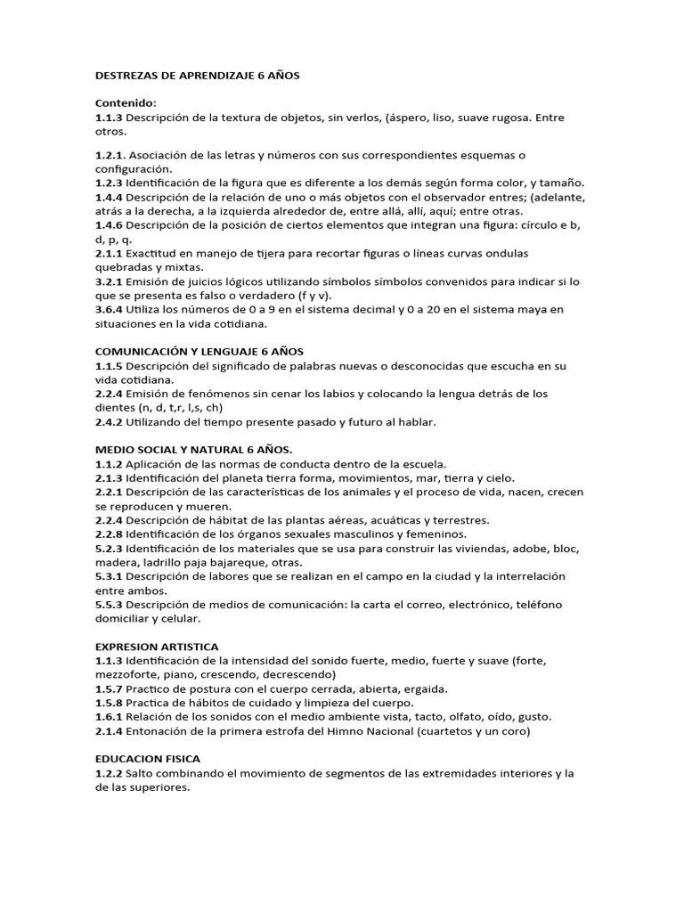 Destrezas de Aprendizaje para Niños de 6 Años | PDF