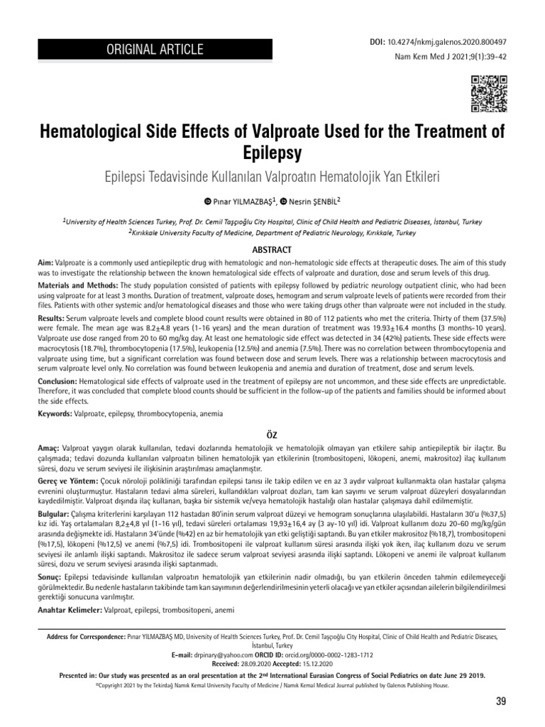 Hematological Side Effects of Valproate 2020 Trukey | PDF | Anemia ...