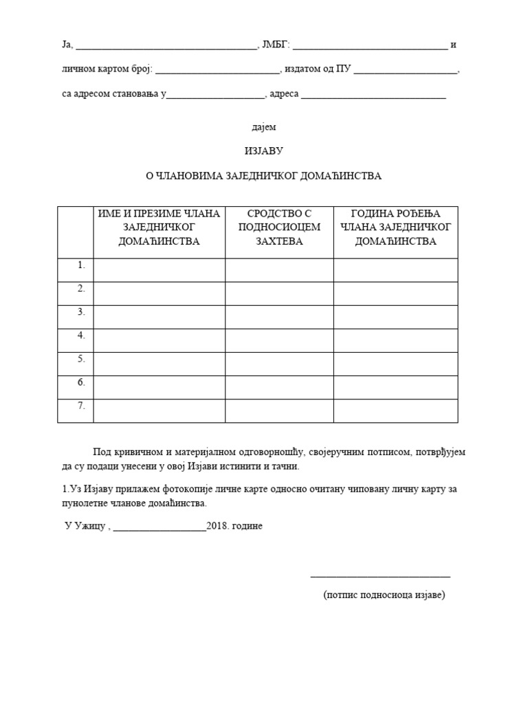 Izjava o Broju Clanova Domacinstva 1 | PDF
