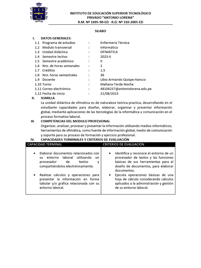 Silabo-Ofimatica II - Enfermeria | PDF | Hoja de cálculo | Evaluación