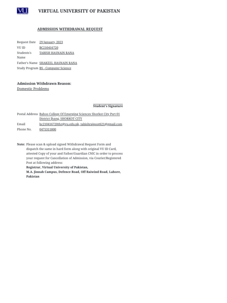 Vu Admission Withdrawl Request | PDF