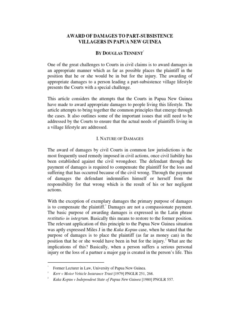 Award of Damages To Part-Subsistence Villagers in Papua New Guinea B D ...