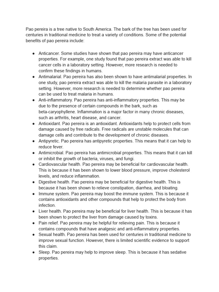 Benefits of Pao Pereira Extract | PDF | Malaria | Cardiovascular Diseases