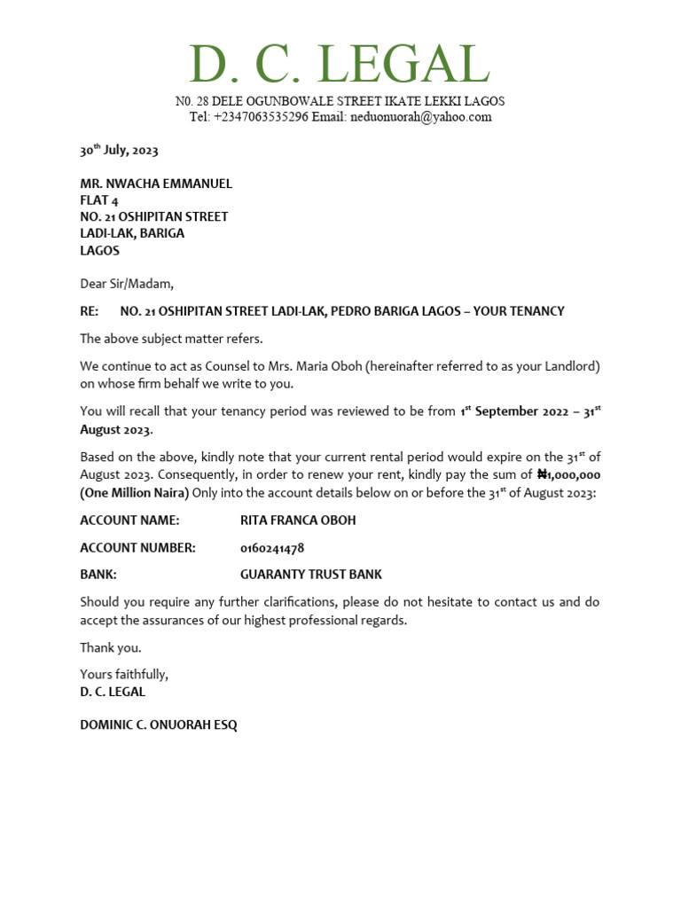Letter of Review of Tenancy Agreement - Nwacha Flat 4 30072023 | PDF