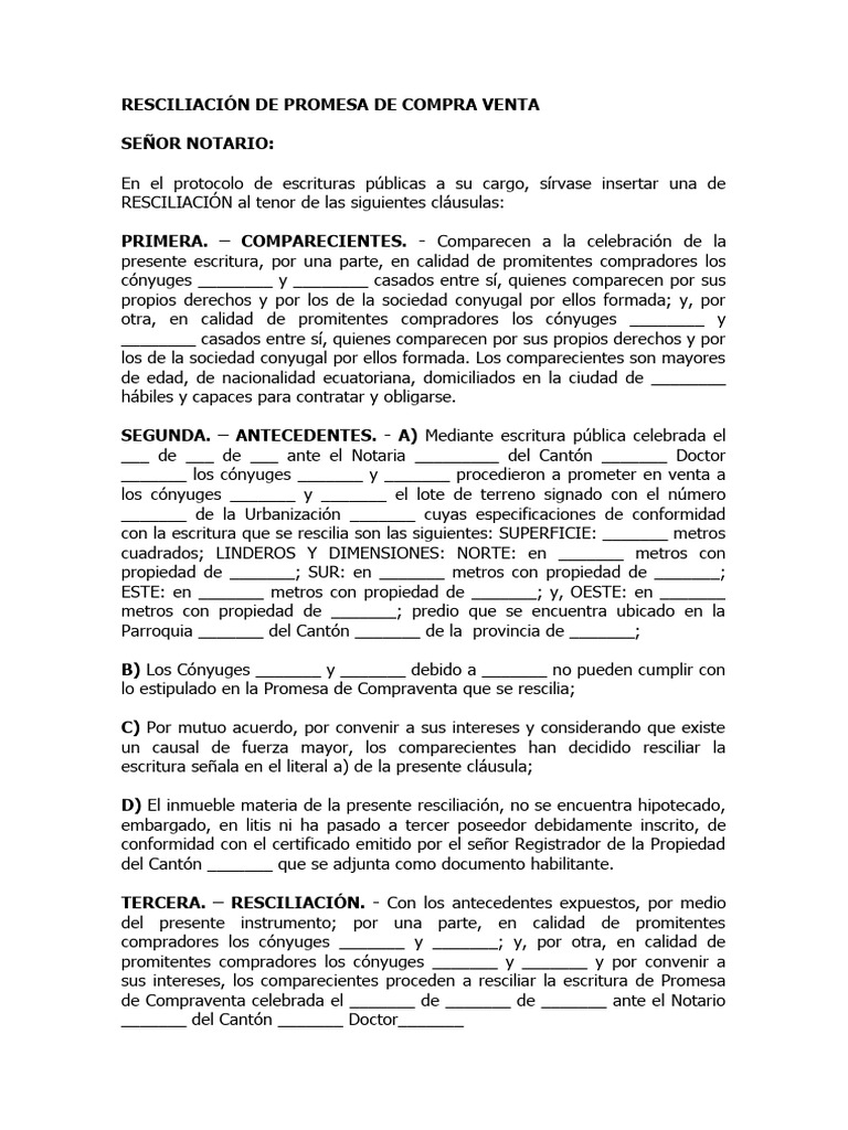 Resciliación de Promesa de Compraventa | PDF | Derecho privado ...