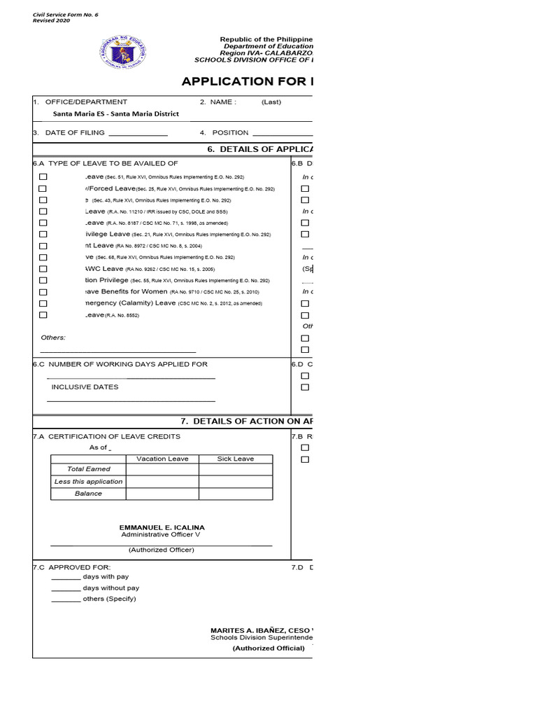 Cs Form No 6 Revised 2020 Application For Leave Fillable 2 Pdf