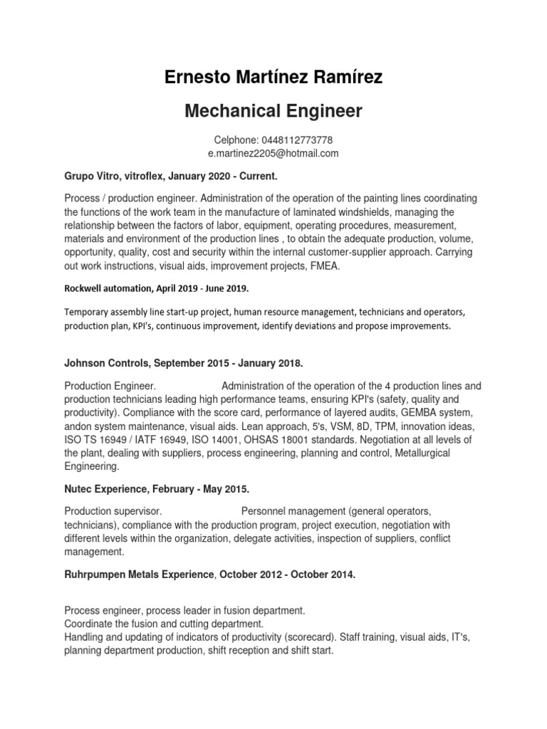Mechanical Engineer Resume - Ernesto Ramírez | PDF | Engineering | Performance Indicator