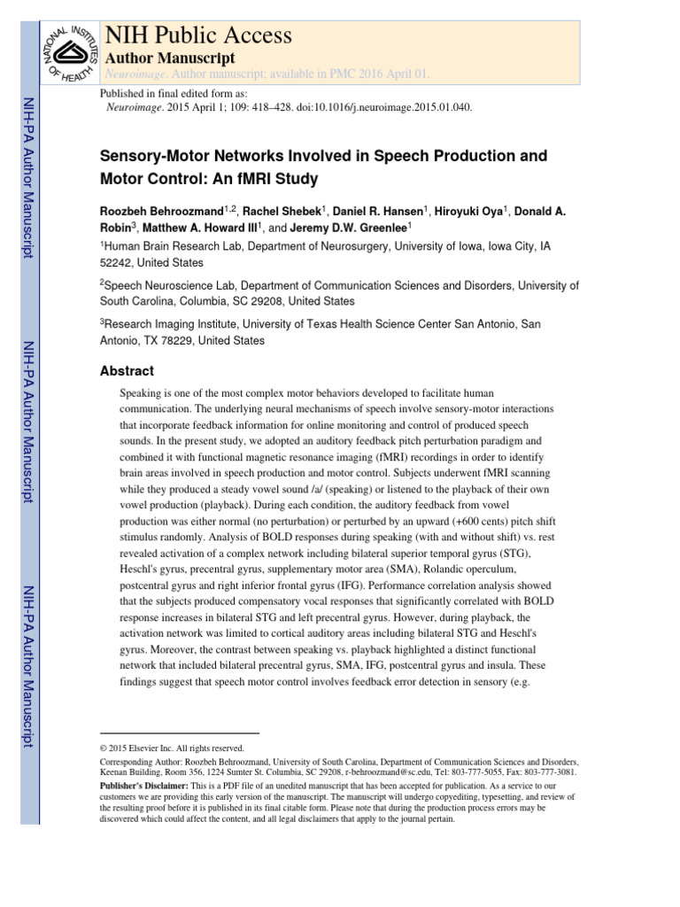 Neuro Motor Speech Article | PDF | Functional Magnetic Resonance ...