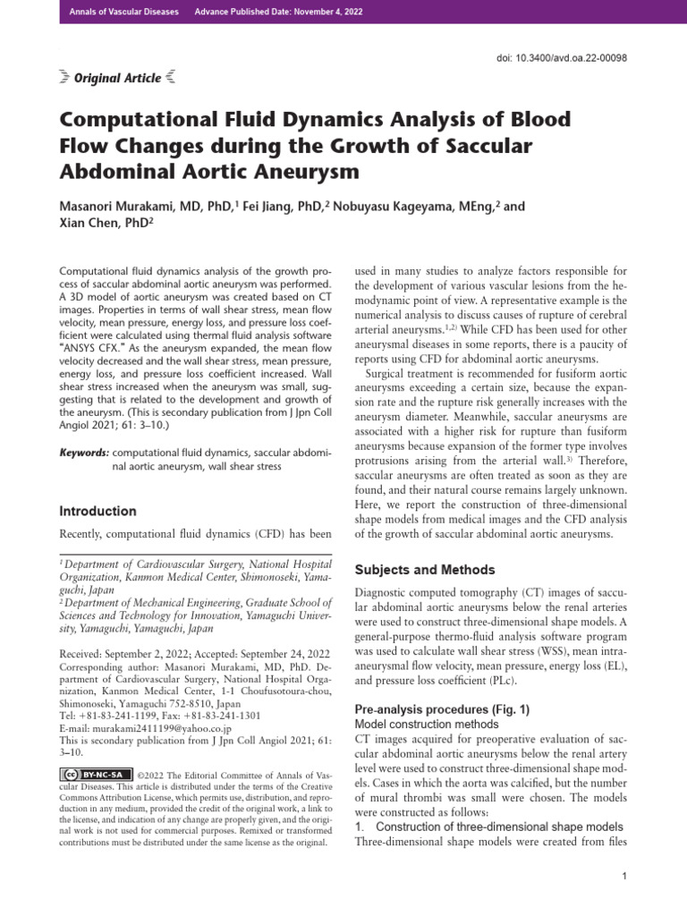 Computational Fluid Dynamics Analysis of Blood Flo | PDF | Blood Vessel | Hemodynamics