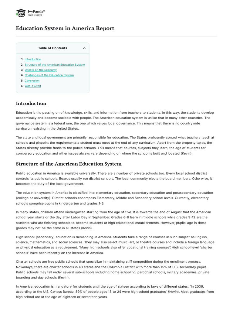 Education System in America - 1089 Words _ Report Example | PDF ...