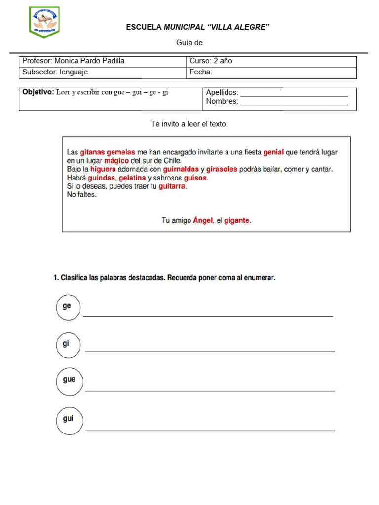Guia Lenguaje 2do Basico Uso de Gue Gui Ge Gi | PDF