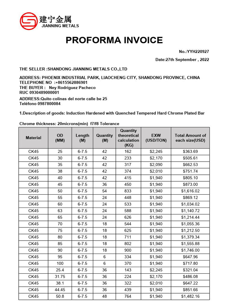 Update Proforma Invoice YYH220927 | PDF