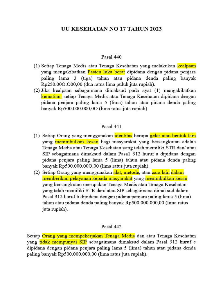 UU KESEHATAN NO 17 TAHUN 2023 Pasal 440-450 | PDF | Ilmu Sosial