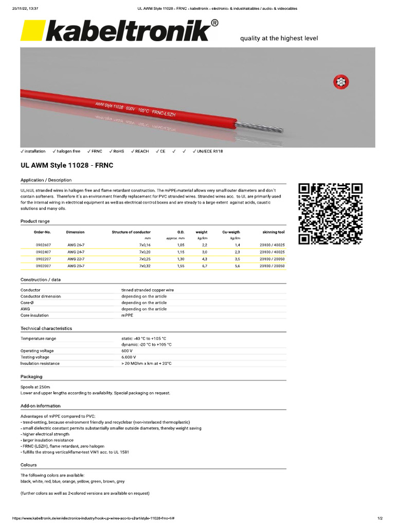 UL AWM Style 11028 - FRNC - Kabeltronik... Ndustrialcables - Audio - & Videocables | PDF
