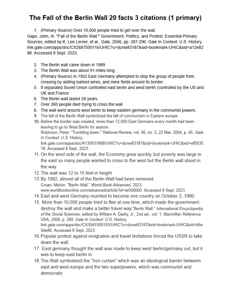 The Fall of The Berlin Wall 20 Facts 3 Citations (1 Primary) | PDF ...