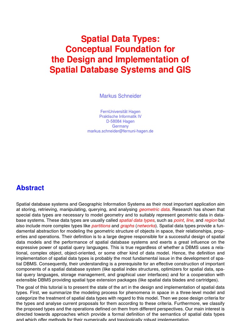 Spatial Data Types Conceptual Foundation For The Design And Implementation Of Spatial Database