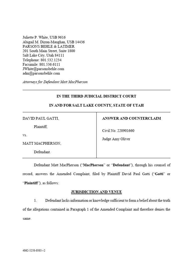 Matt MacPherson Countersuit | Download Free PDF | Defamation | Knowledge