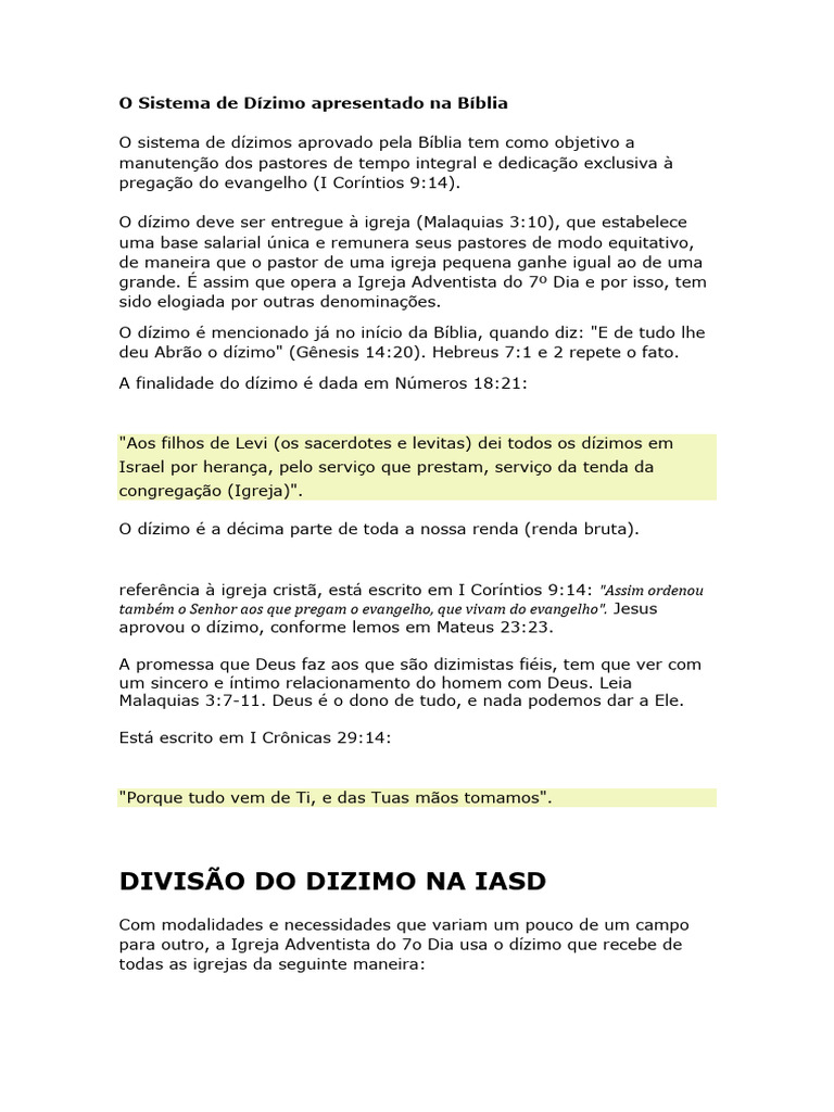 O Sistema de Dízimo apresentado na Bíblia | PDF | Dízimo | Igreja cristã