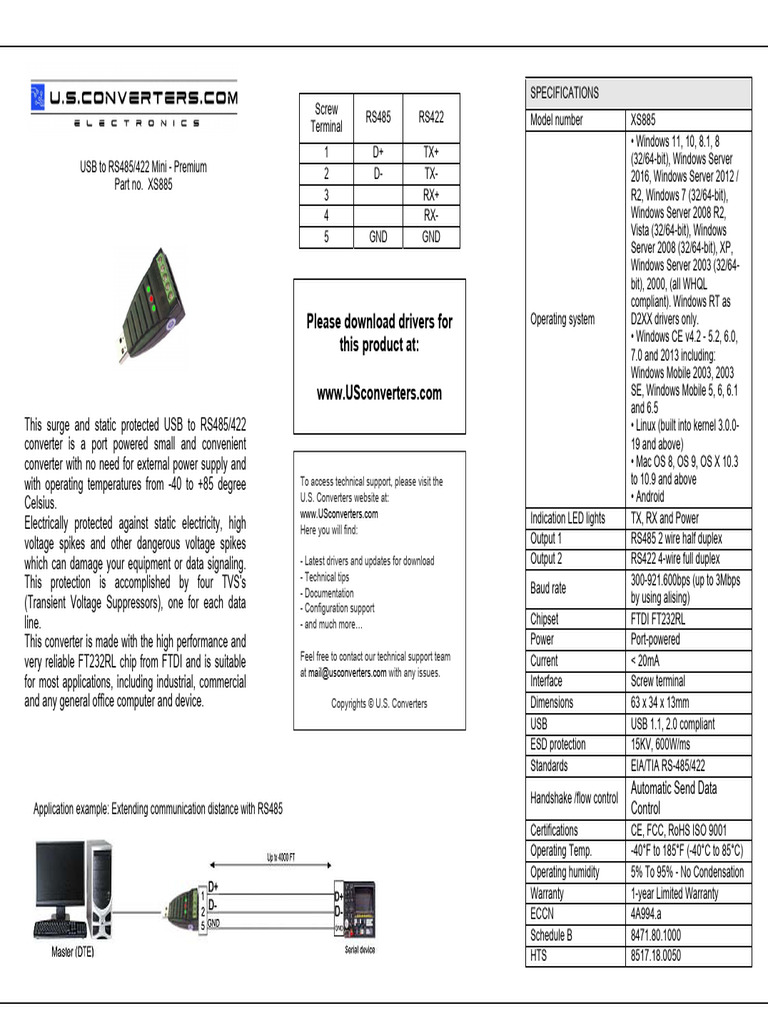 xs885 RS422 & RS485 ADAPTER | PDF