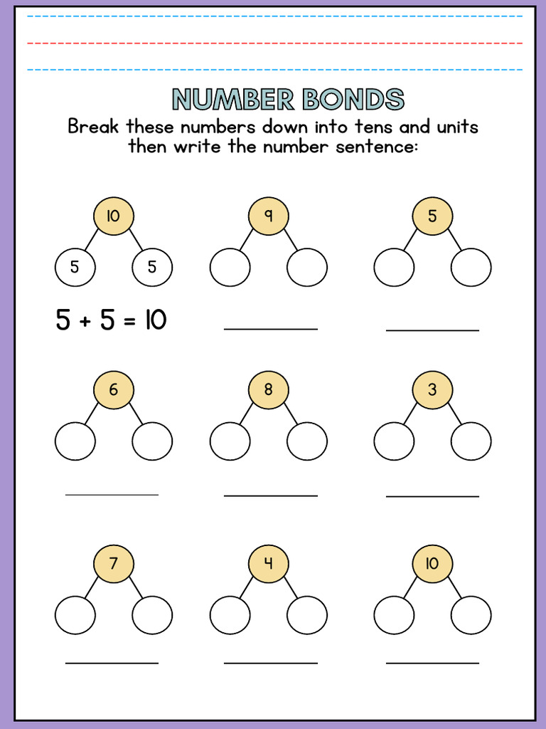 Addition and Number Bonds Mathematics Worksheet Purple Yellow in Bold ...