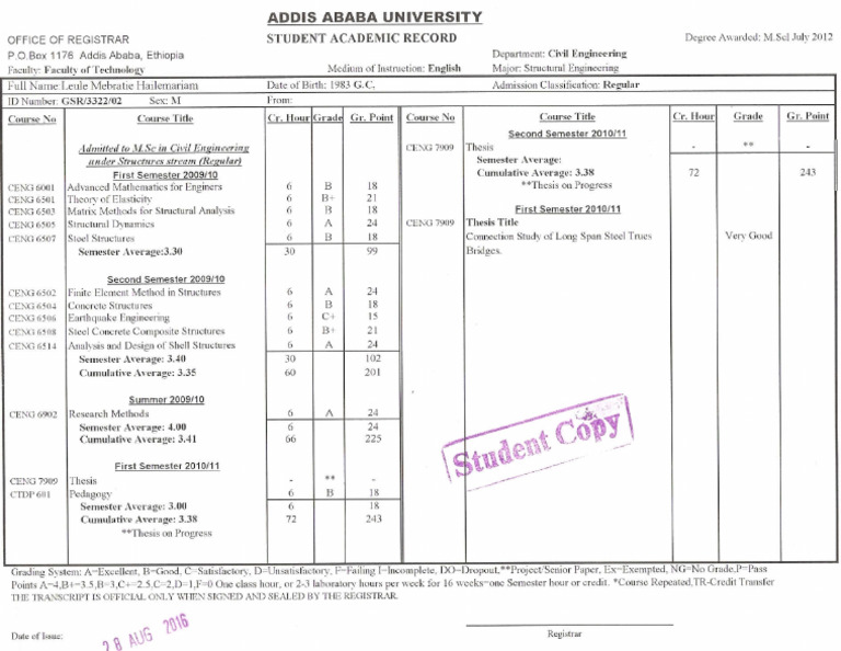Hailemariam - MSC Transcript | PDF