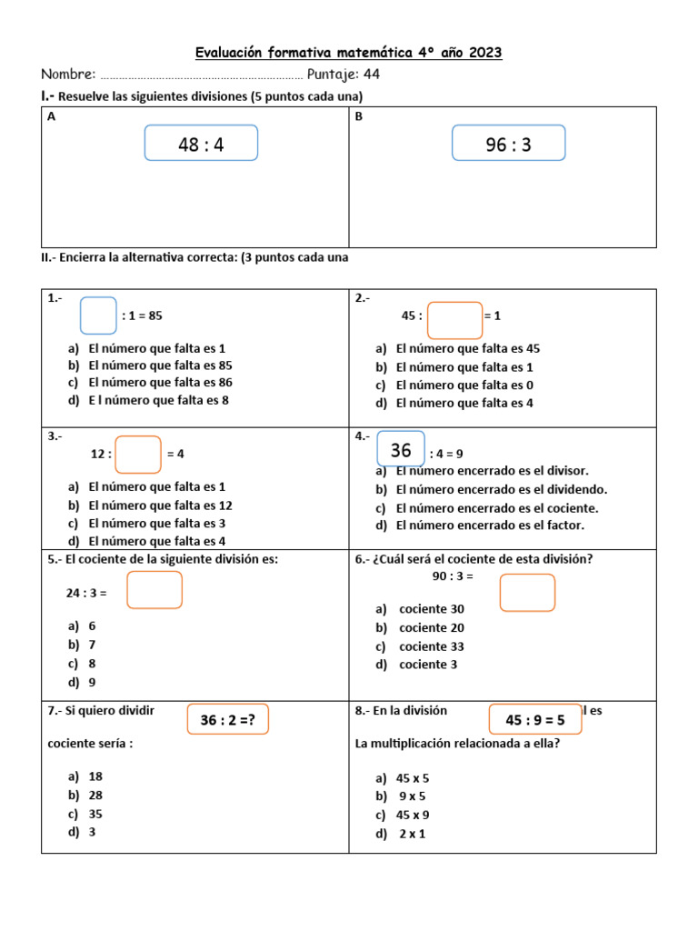 4° Básico Matemática Guía de Refuerzo Divisiones | PDF | División ...