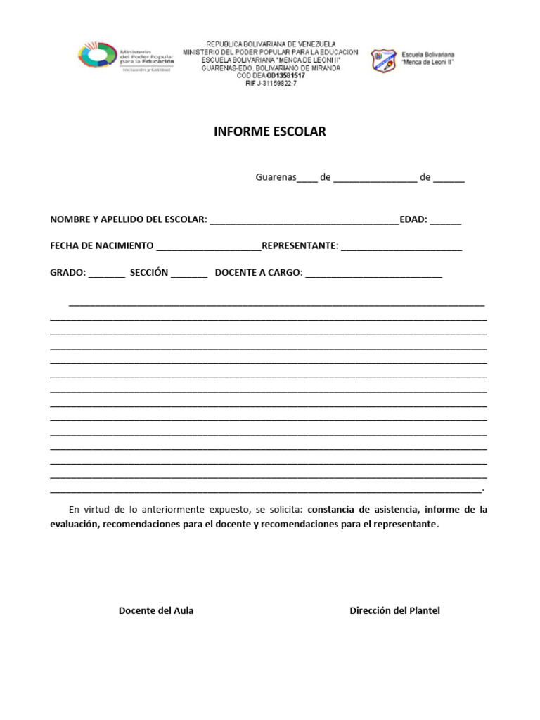 Informe Escolar en Blanco | PDF