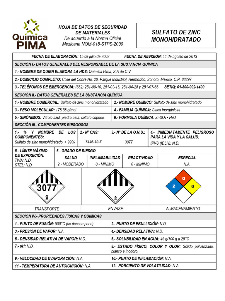 Sulfato de Zinc Monohidratado HDS | PDF | Agua | Incendios