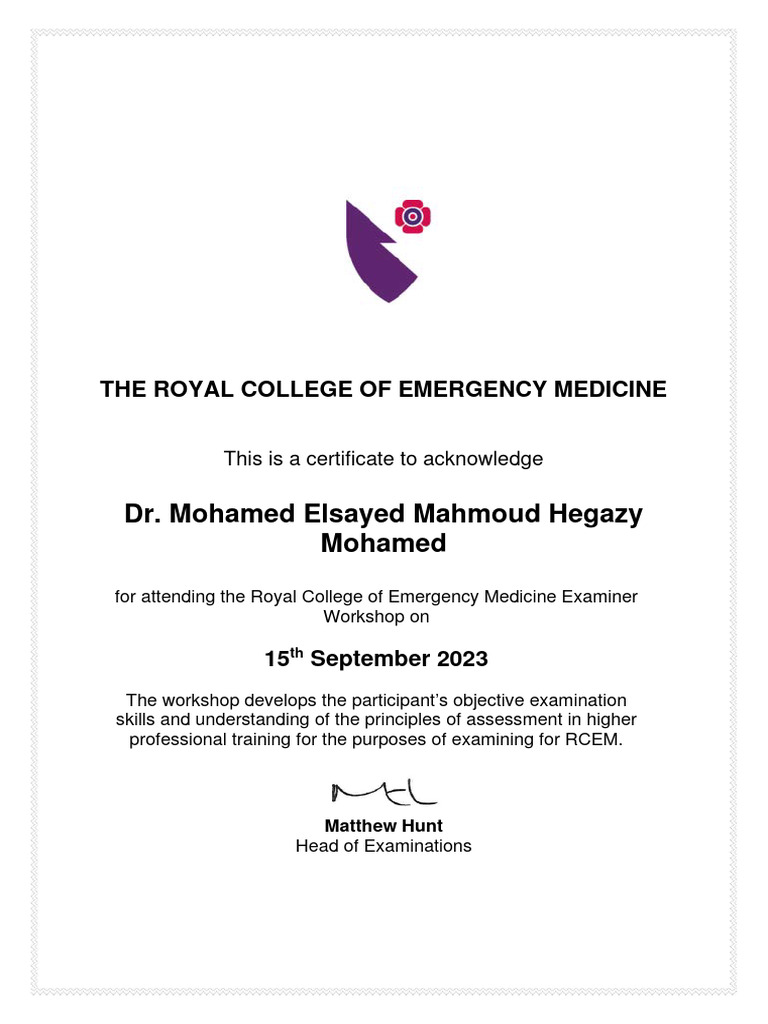 RCEM Examiner Workshop Certificate | PDF