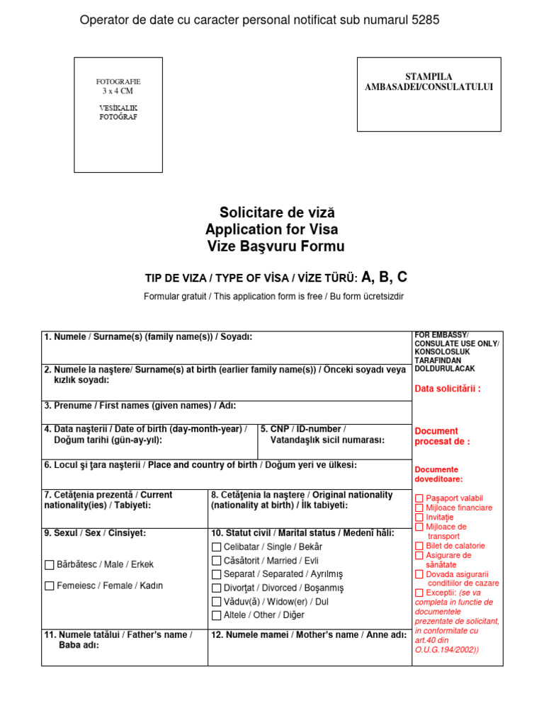 Romanya Vize Basvuru Formu | PDF