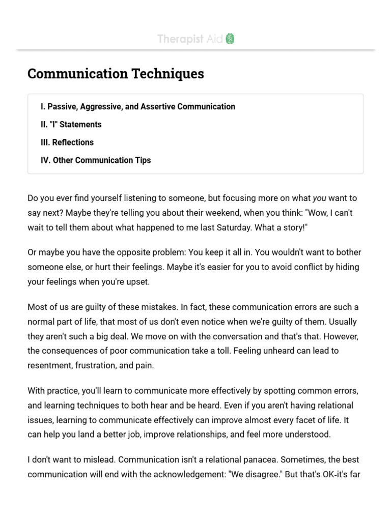 Communication Techniques (Guide) _ Therapist Aid | PDF | Copyright ...