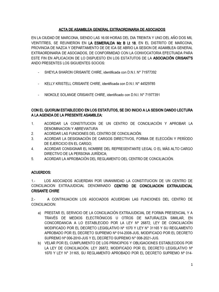 Acta de Asamblea para Centro de Conciliación | PDF | Resolución de ...