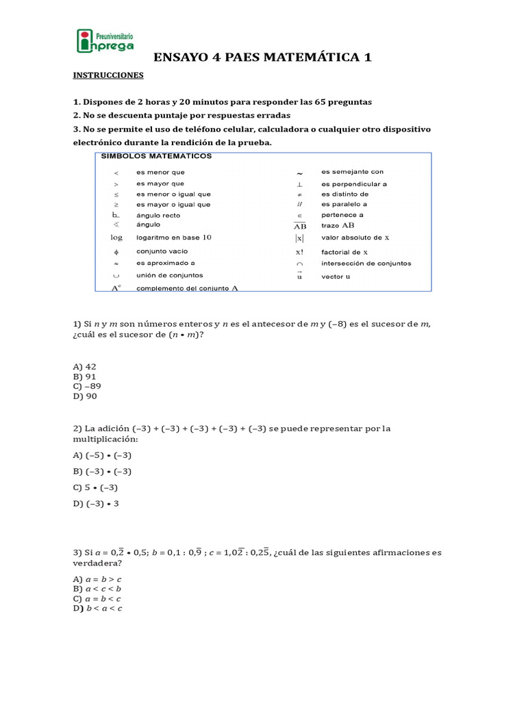 Ensayo 04 Matematica 1 2023 | PDF | Ecuaciones | Objetos matemáticos