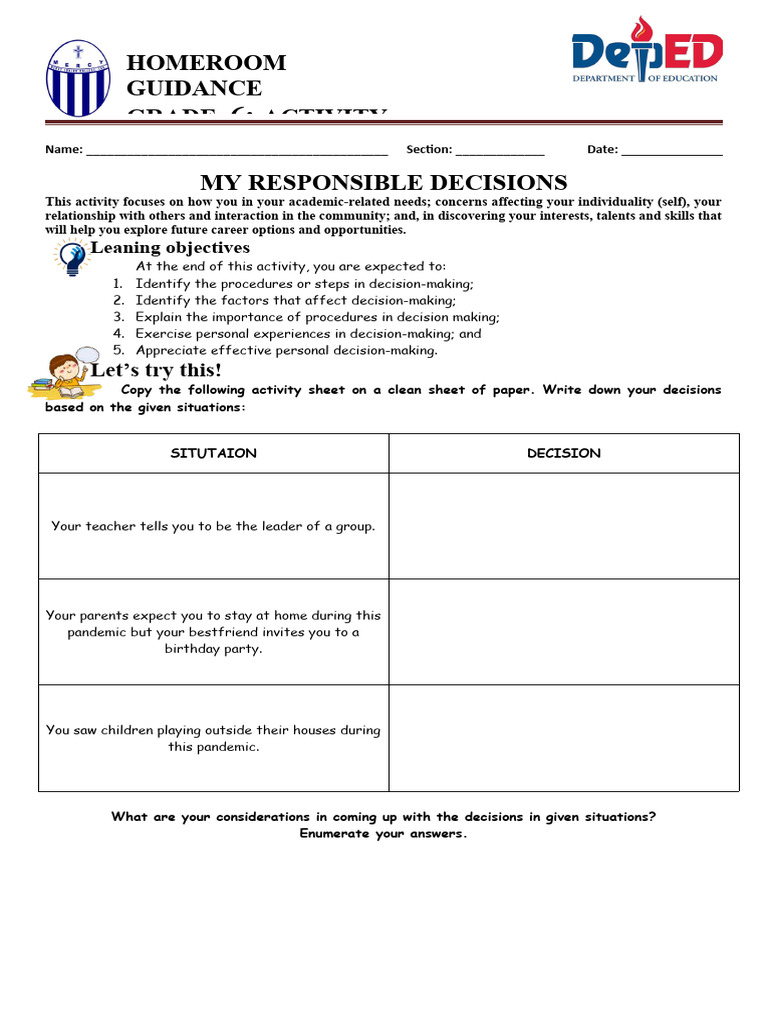 Responsible Decision-Making Activity | PDF