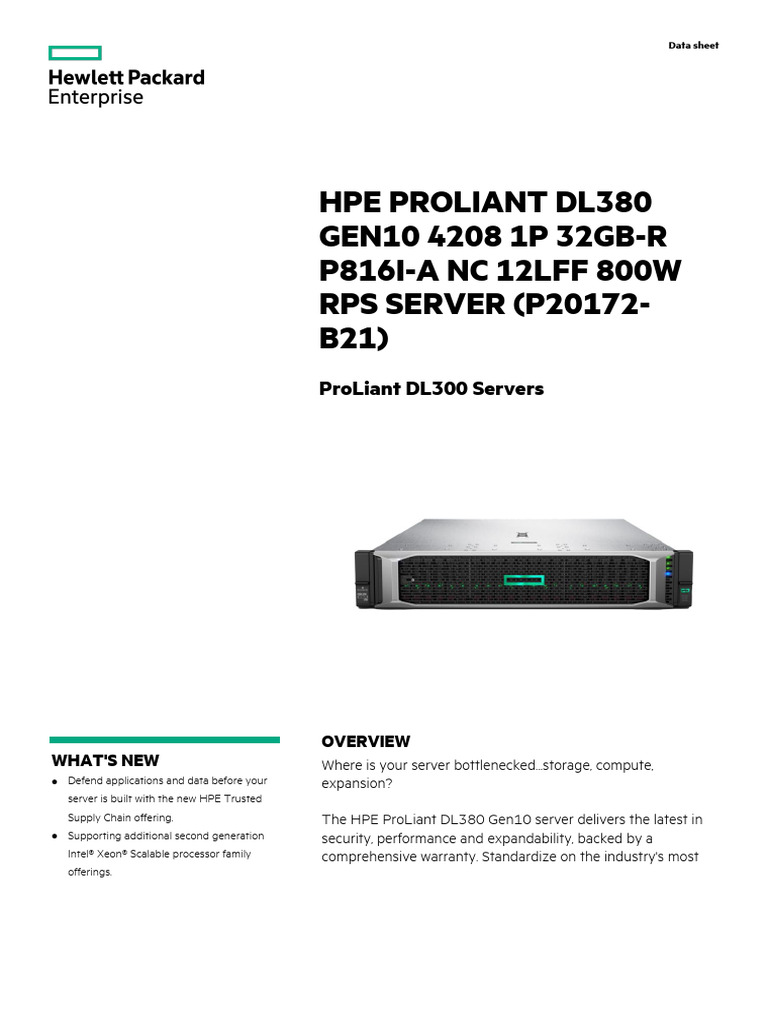 Hpe Proliant dl380 Gen10 4208 1p 32gb-r P816i-A NC 12lff 800w Rps ...
