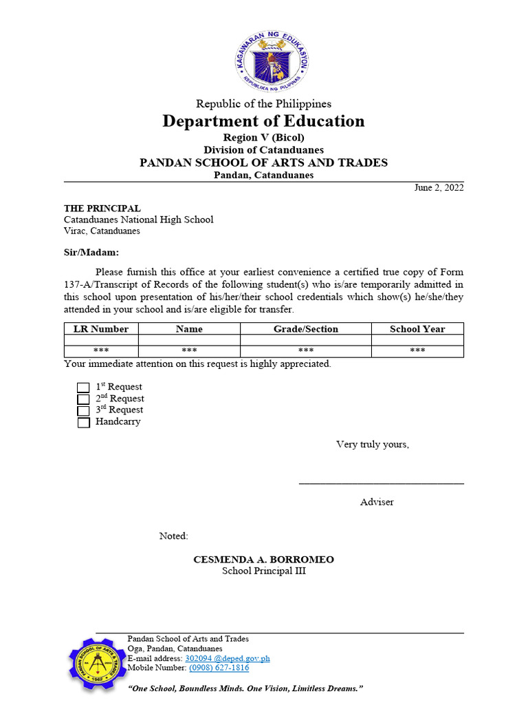 Request For SF 10 Format 2023 2024 | PDF