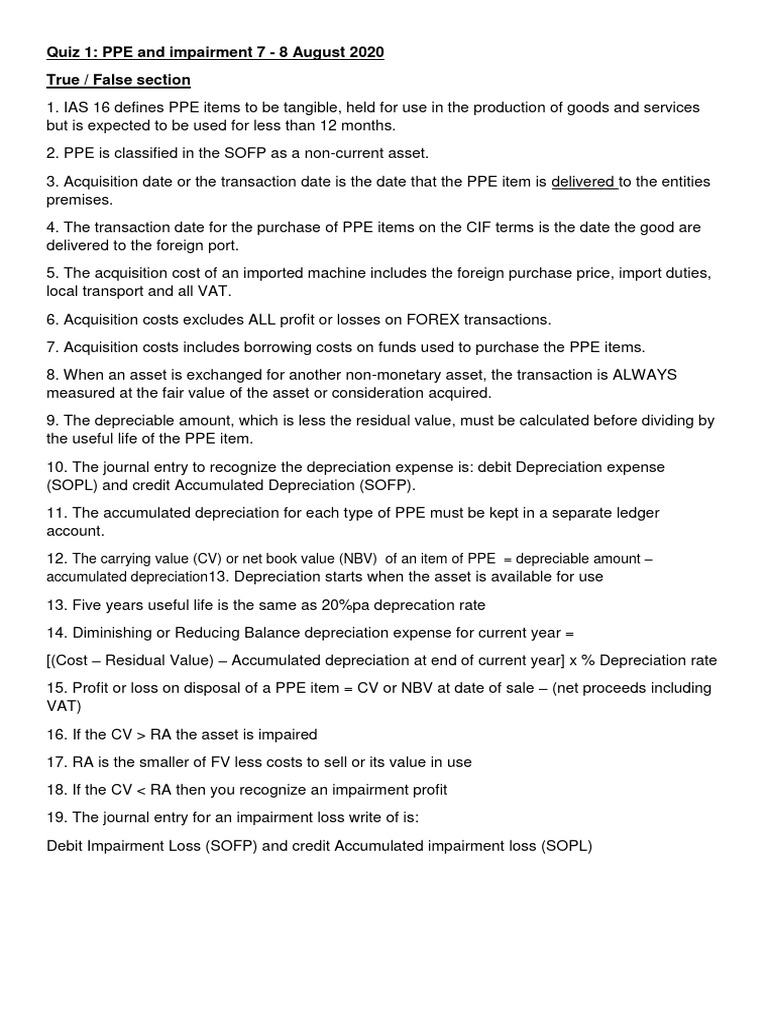Quiz 1 PPE and Impairment | PDF | Book Value | Depreciation