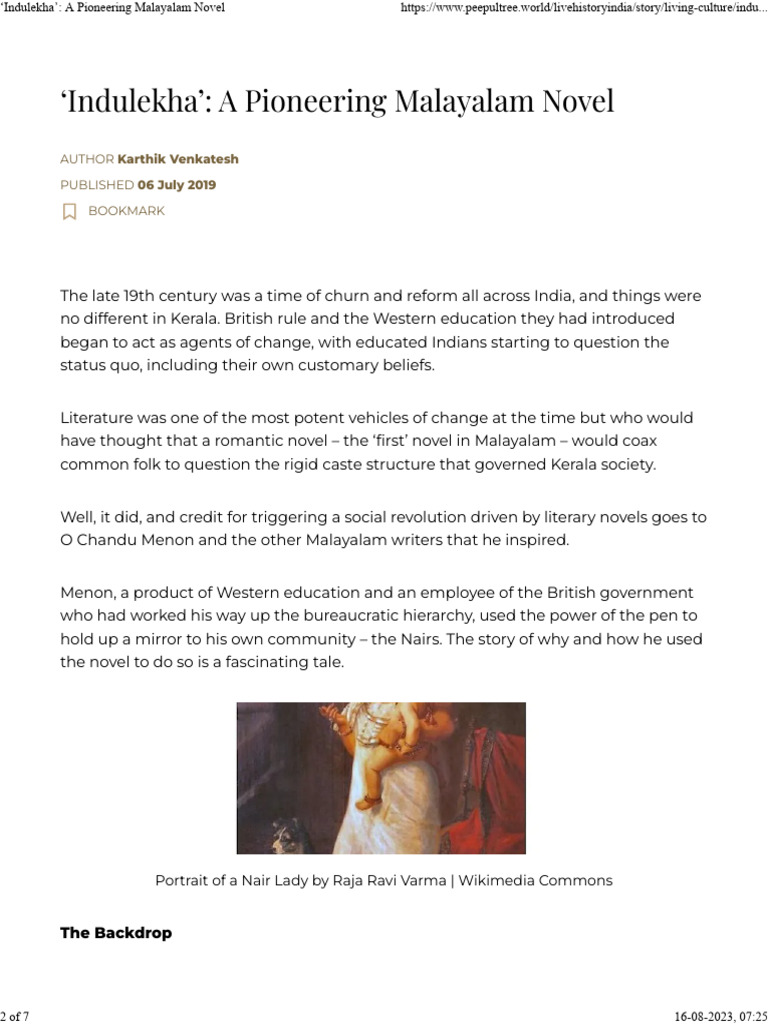 Indulekha' A Pioneering Malayalam Novel | PDF | Kerala