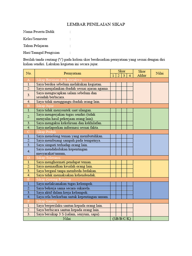 Lembar Penilaian Sikap PPKN - Fix 1 | PDF