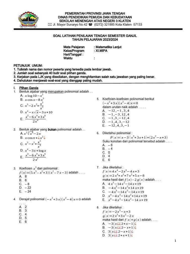 Soal Latihan Pts Matematika Lanjut | PDF