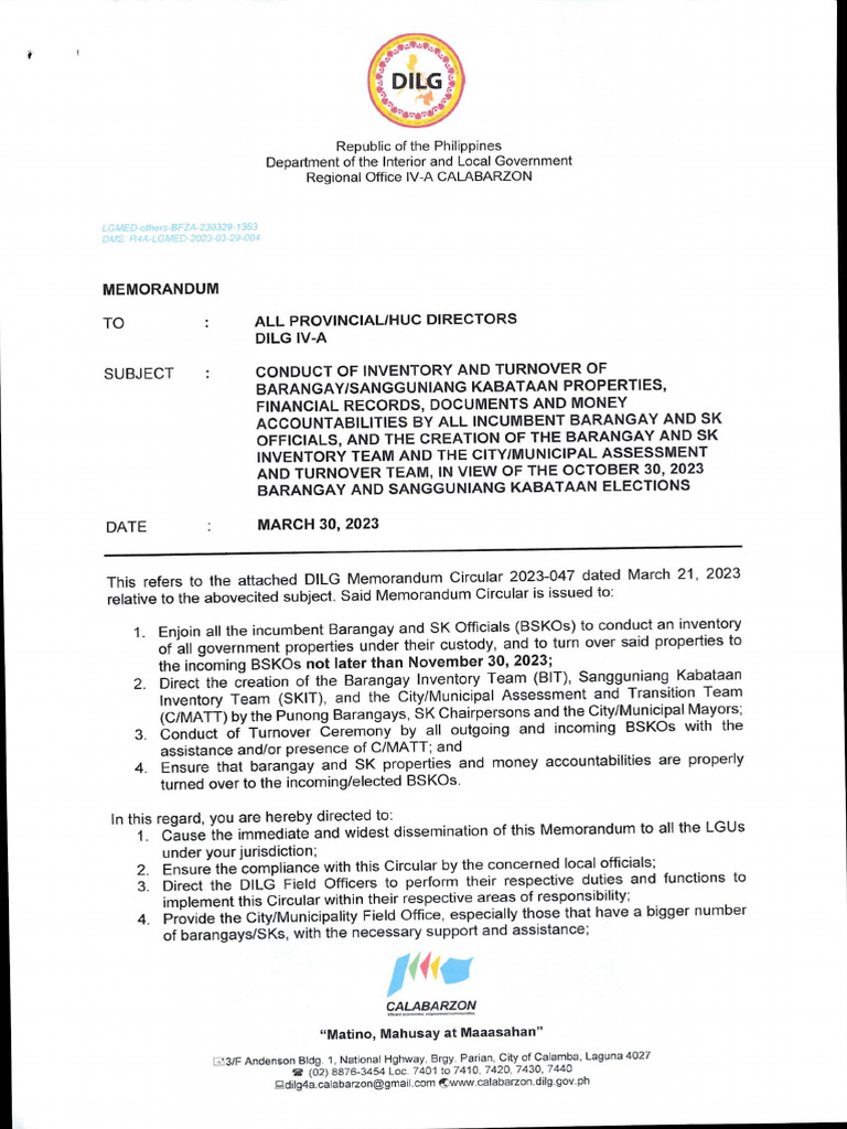 DILG MC 2023 047 Inventory and Turn Over | PDF