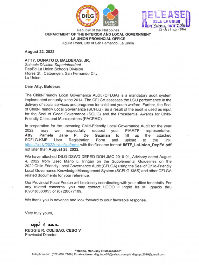 Oc-2022-08-2468 Updating of Seal of Child-Friendly Local Governance ...