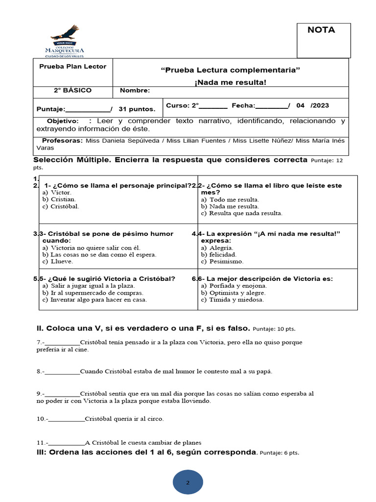 Prueba Lectura Complementaria - Nada Me Resulta | PDF