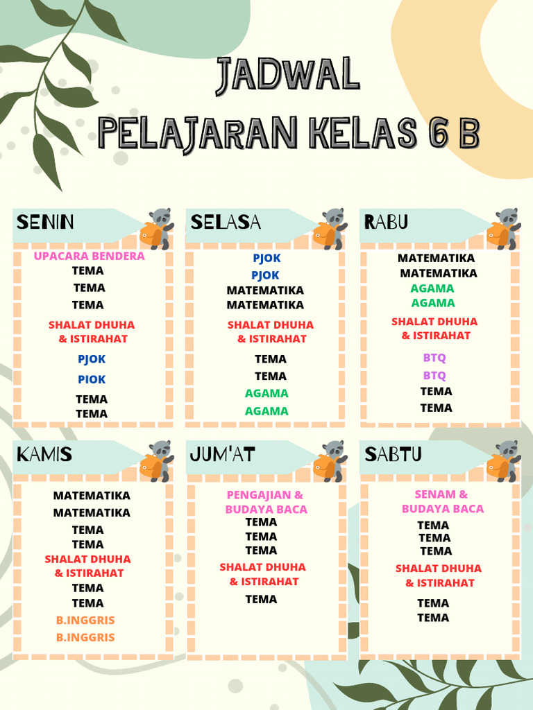 Jadwal Pelajaran Kelas 6 B | PDF