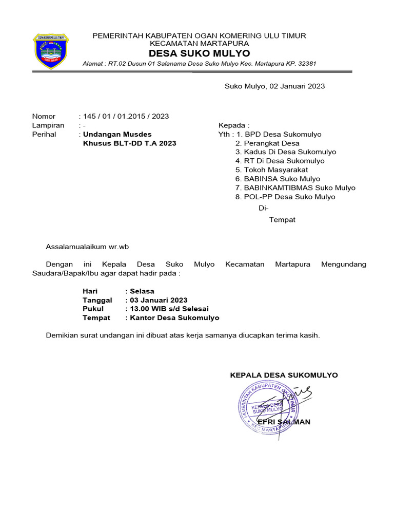 Undangan Musdes Tentang BLT 2023 | PDF