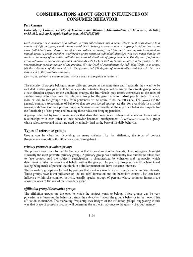 Considerations About Group Influences On Consumer Behavior | PDF | Norm (Social) | Conformity