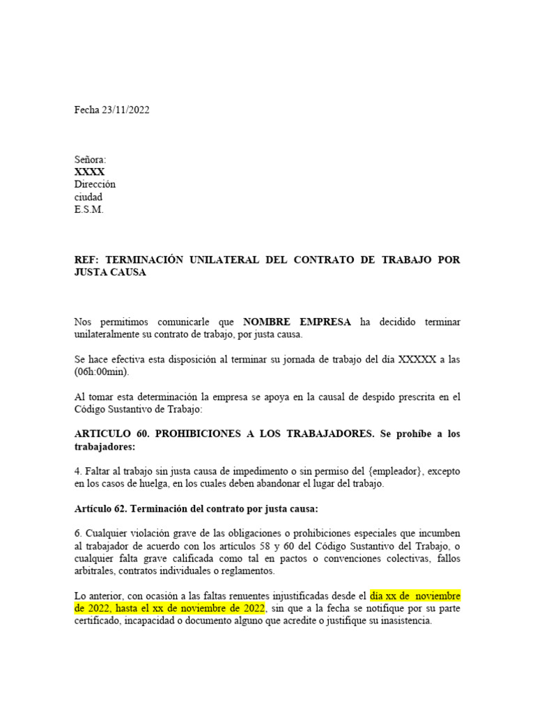 TERMINACIÓN UNILATERAL DEL CONTRATO DE TRABAJO POR JUSTA CAUSA | PDF